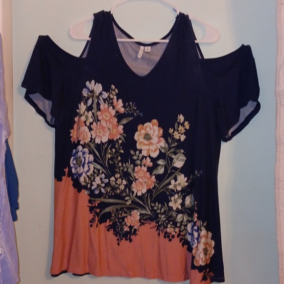 Elle | Tops | Off The Shoulder Tang Top Dark Blue With Floral Design ...